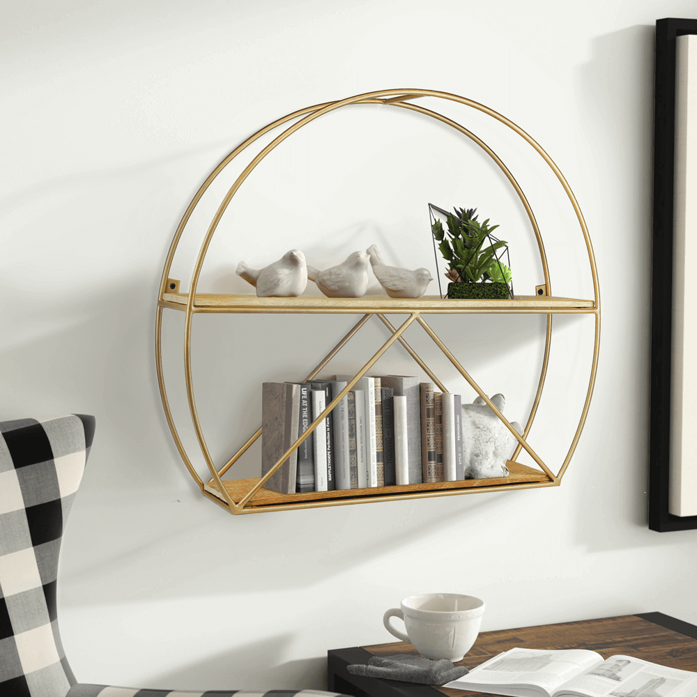Semi-Ring Dual Panel Golden Metal Wall Shelf