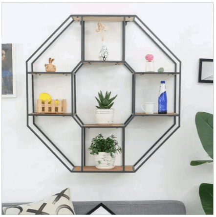 Octagonal Wooden Metal Wall Shelf - Elegant Storage